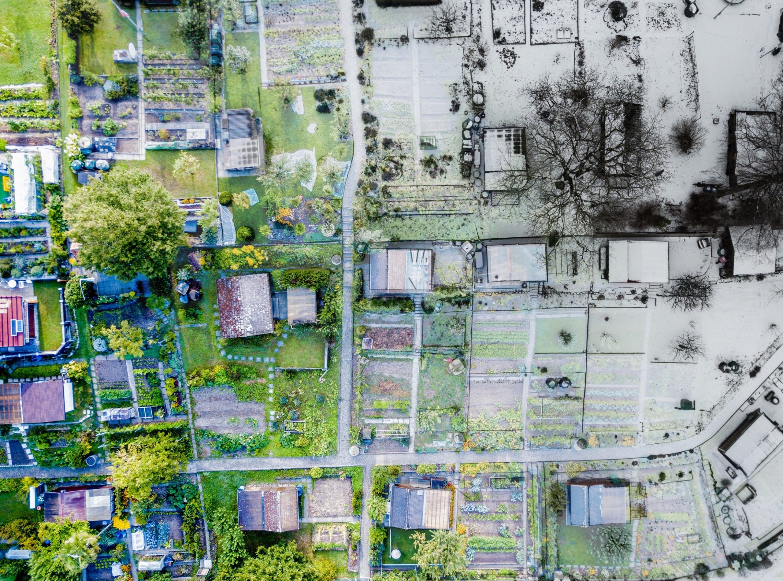 Aerial view of allotments in summer and winter. Photoshop montage of ...